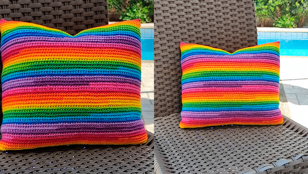 Almofada de Crochê Colorida Arco-Íris com Gráficos Fáceis