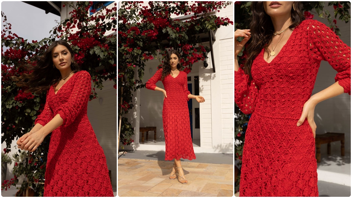 Vestido de Crochê Vermelho Círculo: Elegância que Atraí!